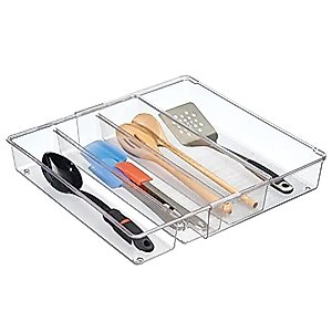 mDesign Plastic Adjustable/Expandable Divided Drawer Storage Organizer with 4 Compartments for Kitchen Pantry, Cupboard, Cabinet, Hold Silverware, Utensils, Cutlery - Ligne Collection - Clear