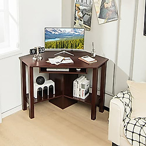 Tangkula Corner Desk with Keyboard Tray, Triangle Corner Computer Desk for Small Space, Bedroom Corner Makeup Vanity Desk with Storage Shelves, Space Saving Corner Writing Desk
