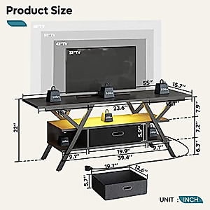 Bestier LED Entertainment Center with Power Outlets Gaming TV Stand for TV up to 65 Inch 55” TV Game Console for Living Room Bedroom Removable Drawer 20 Dynamic RGB Modes, Carbon Fiber Black