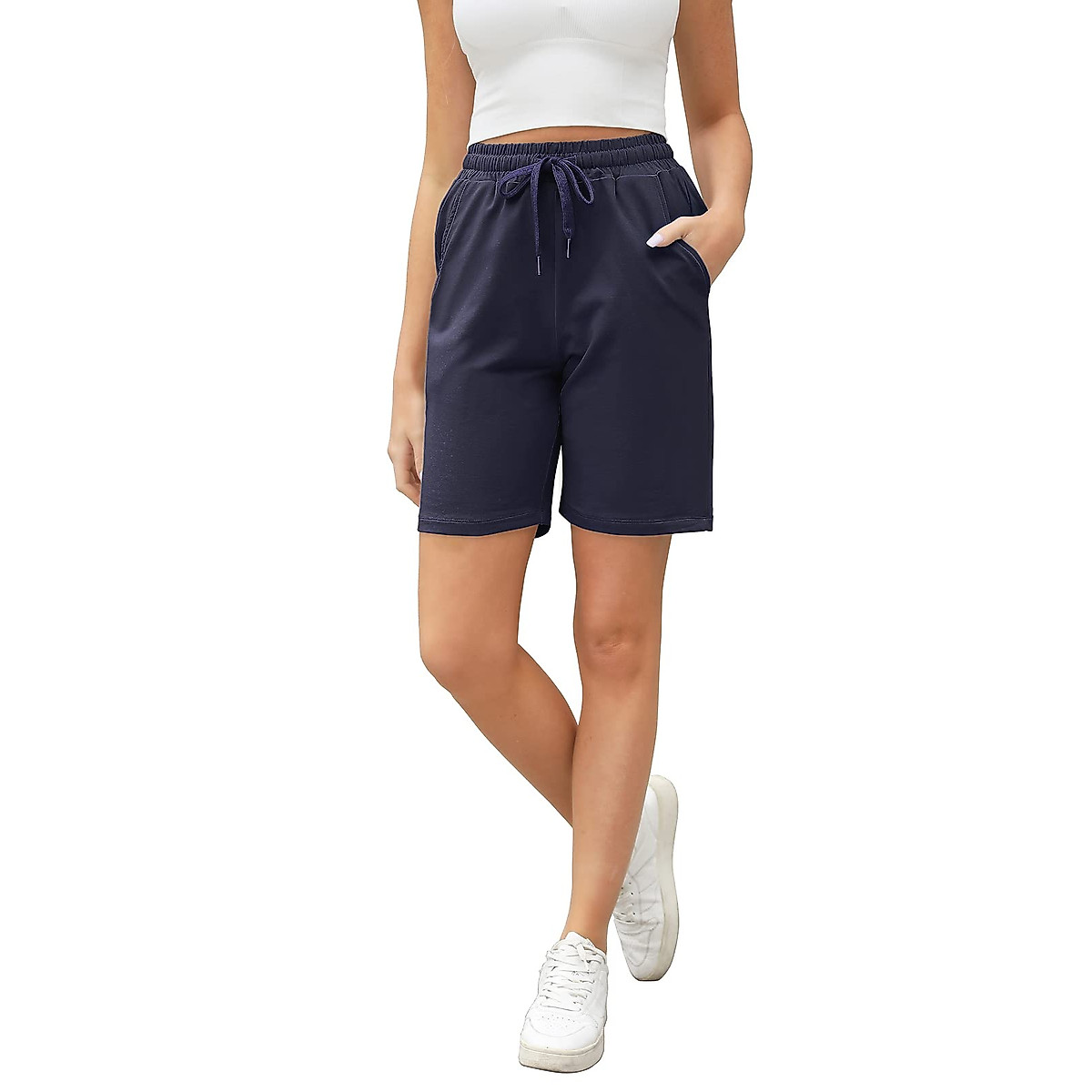 Vodi Mosa Sweat Shorts for Women High Waist Stretchy Comfy Cotton Shorts Womens Long Running Yoga Shorts (NavyBlue, L)