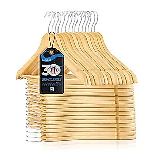 SereneLife Premium Solid Wooden Hangers - Smooth Finish Space Saving Heavy Duty Suit Clothes Hanger Set w/ 360 Degree Swivel Metal Hook, Precisely Cut Notches, for Coats Jackets Pants, Brown (30-Pack)