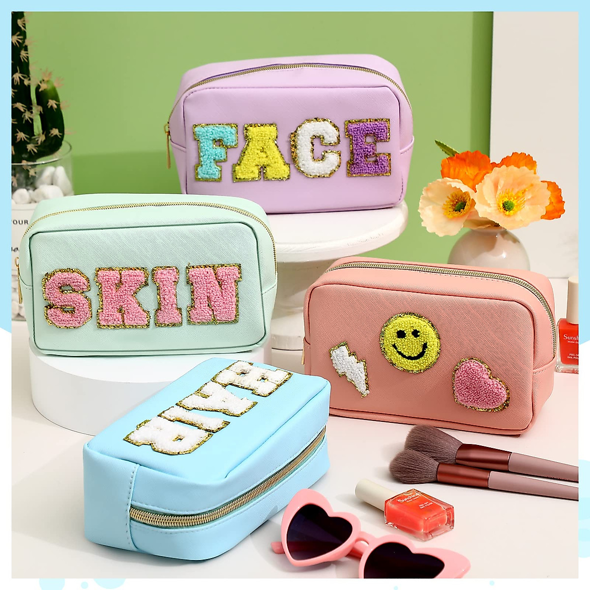 Sanwuta 4 Pcs Hair Face Skin Travel Bag Set Preppy Makeup Pouch PU Leather Skincare Bag Waterproof Cosmetic Organizer Birthday Christmas Gifts(Blue, Pink, Green, Purple,Fresh Style)