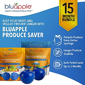 Bluapple Classic Produce Saver 15-Month Bundle, Vegetable & Fruit Fresh Produce Protector, Ethylene Gas Absorber, Food Freshness Extender, Fresh Fruit Preserver, Vegetable Saver, USA-Made BPA-Free
