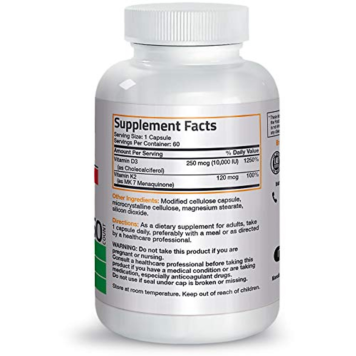 Bronson Vitamin K2 (MK7) with D3 Extra Strength Supplement Bone Health Non-GMO Formula 10,000 IU Vitamin D3 & 120 mcg Vitamin K2 MK-7 Easy to Swallow Vitamin D & K, 60 Capsules