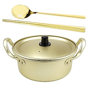 LNQ LUNIQI Korean Ramen Cooking Pot with Spoon Chopsticks, Alluminum Shin Ramyun Pot with Handles Fast Heating Instant Noodles Cooking Pot for Soup, Curry, Pasta and Stew （6.3in，Gold）