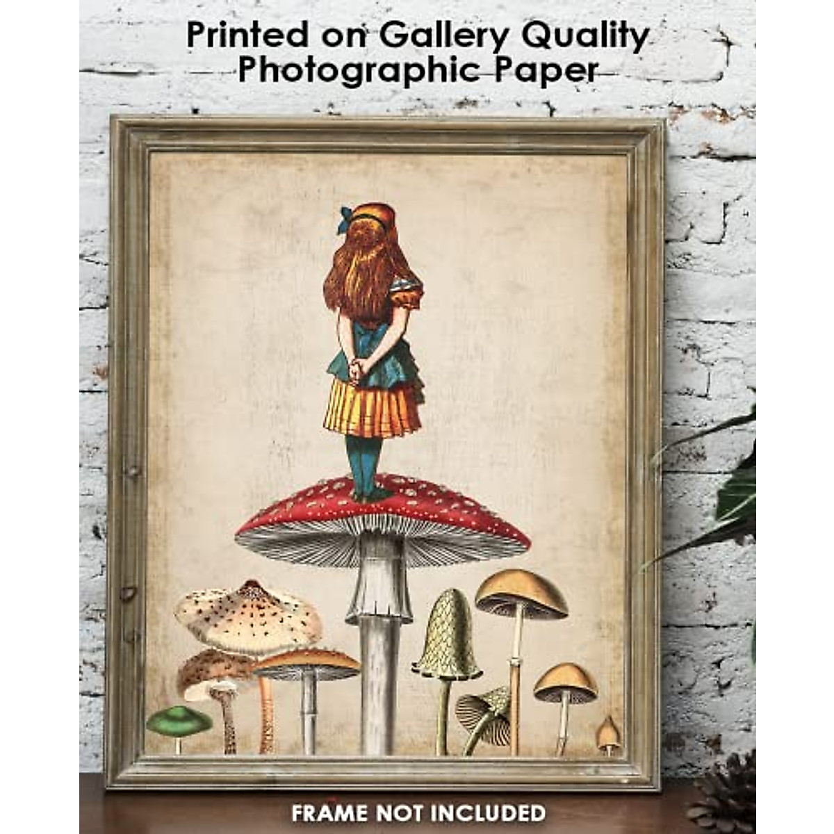 Whimsical Alice Atop Mushrooms Wall Art Print - 11x14 Unframed Picture For Home, Office, Classroom, Dorm, Living Room & Bedroom Decor - Creative Gift Idea For Alice Fans