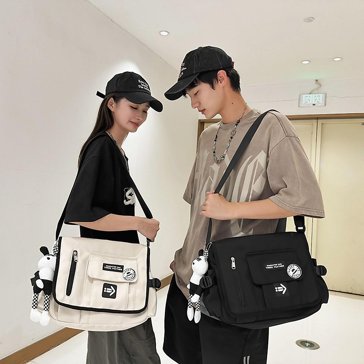 JELLYEA Cute Kawaii Messenger Bag Crossbody Purses for Women Men Shoulder Bags with with Pendant Aesthetic Bag Kawaii Bag Satchel (White)