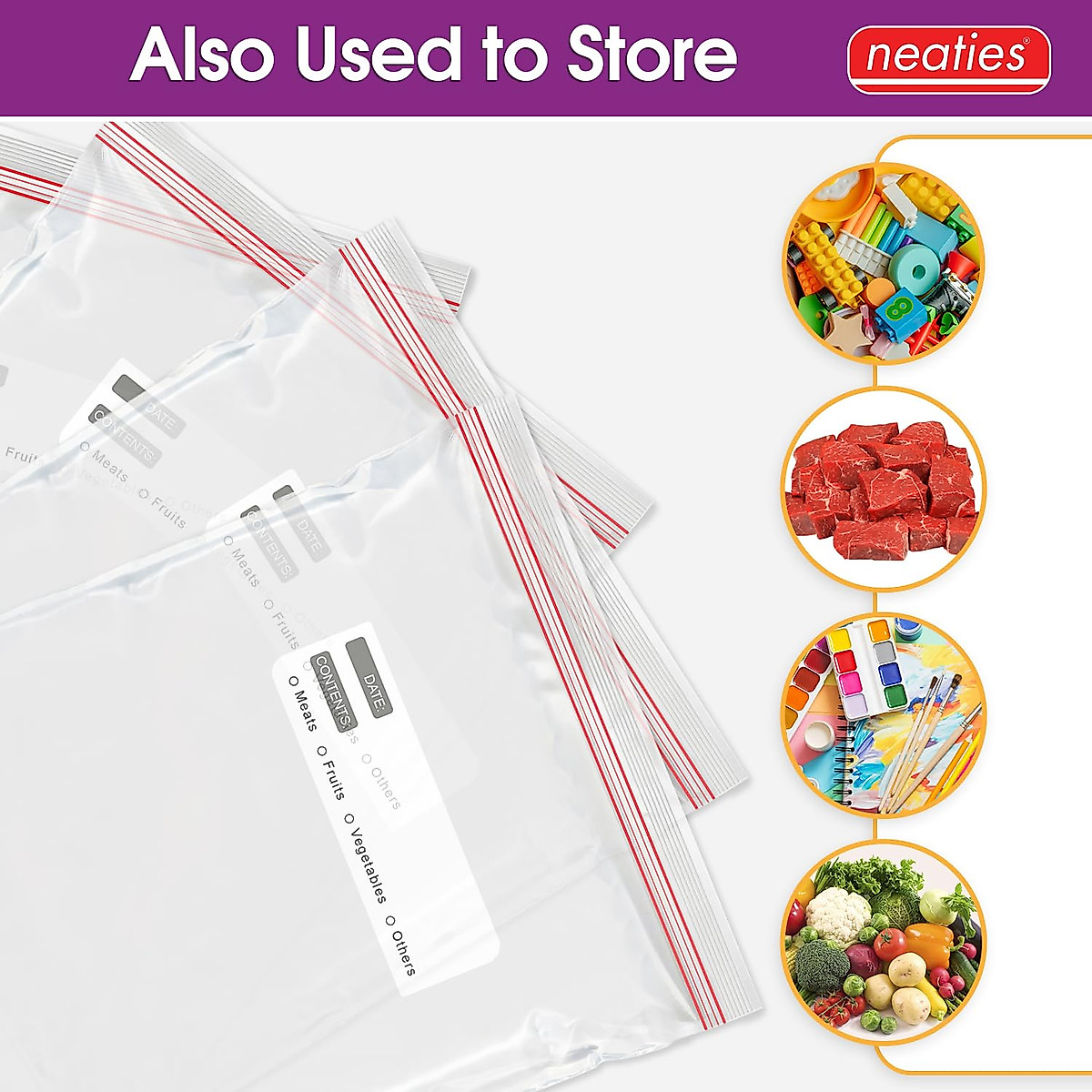 Neaties Heavy Duty 2 Gallon Double Zip Lock Bags for Kitchen or Storage, Food Storage Freezer Slider Bags 13"x16", 100pcs