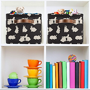 HMZXZ Cute Rabbit Bunny Canvas Fabric Storage Basket Collapsible Toys Storage Bin with PU Leather Handles Basket Box Organizer for Wardrobe Closet Shelves Organiser