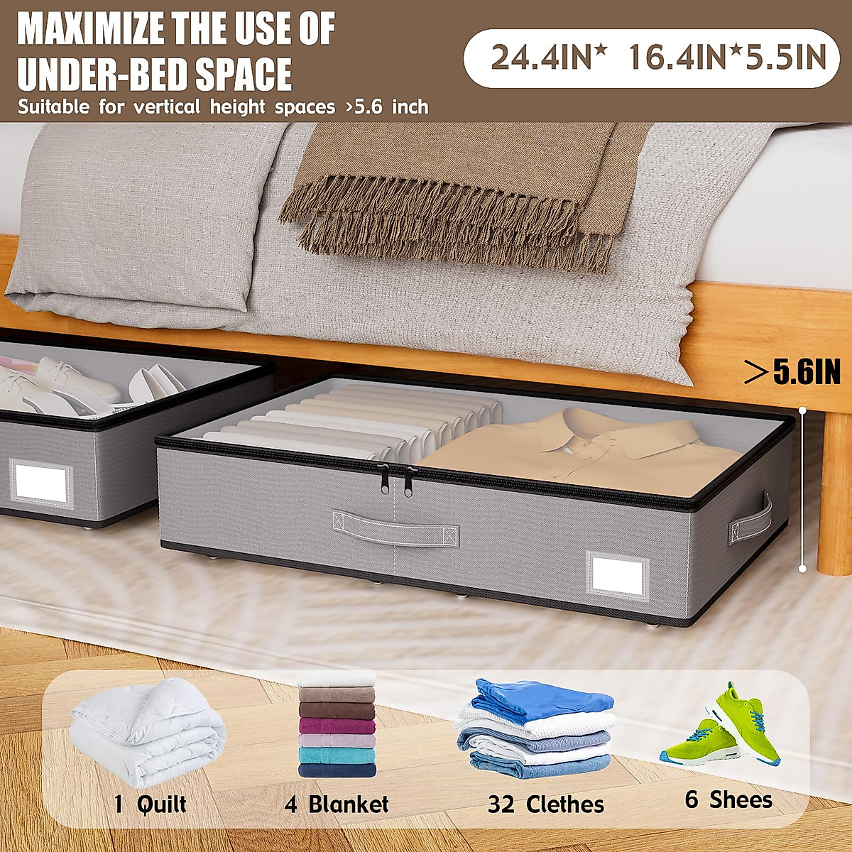 EE-RoomWorld Under Bed Storage with Wheels, No Assemble Required 5.5 inches height grey under bed storage bins,Low Profile Rolling Under bed Shoe Storage containers，dorm under bed storage drawers
