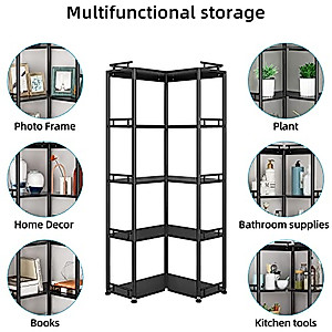 FLE 5 Tier Corner Shelf,Modern Corner Bookshelf Industrial Corner Ladder Shelf Small Bookcase Plant Stand for Living Room, Kitchen, Home Office (Black)