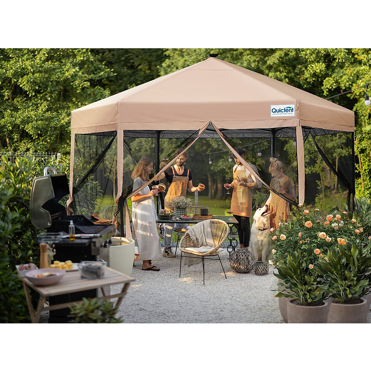 Quictent 13'x13’ Hexagonal Pop up Canopy Tent with Mosquito Netting, Instant Screened in Canopy Screen House Room Tent Easy Set up with LED Lights (Beige)