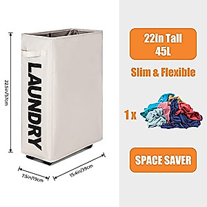 Caroeas 22" Rolling Slim Laundry Basket with Stand Foldable Waterproof Sorter and Organizer on Wheels Tall Thin Dirty Laundry Hamper Basket Home Corner Bin (Beige)