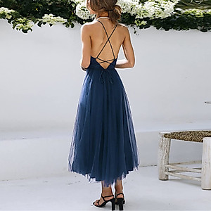 Women Deep V Neck Tulle Dress Spaghetti Strap Backless Party Wedding Cocktail Midi Dress Ladies Dresses Sleeves Dark Blue