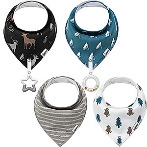 Baby Bandana Drool Bibs,Bandana Bibs for Boys and Girls by Super Absorbent Bandana Drool Bibs,Teething Toys Bibs Organic Cotton Baby Bibs for Infant Set of 4 with Two Teething Toys