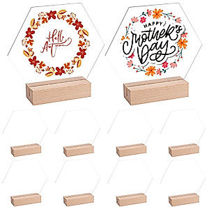 Framendino, 10 Pack Hexagon Acrylic Table Sign with Wood Stand DIY Acrylic Wedding Signs Blank Holder Table Numbers with Wood Base for Wedding Party Decor