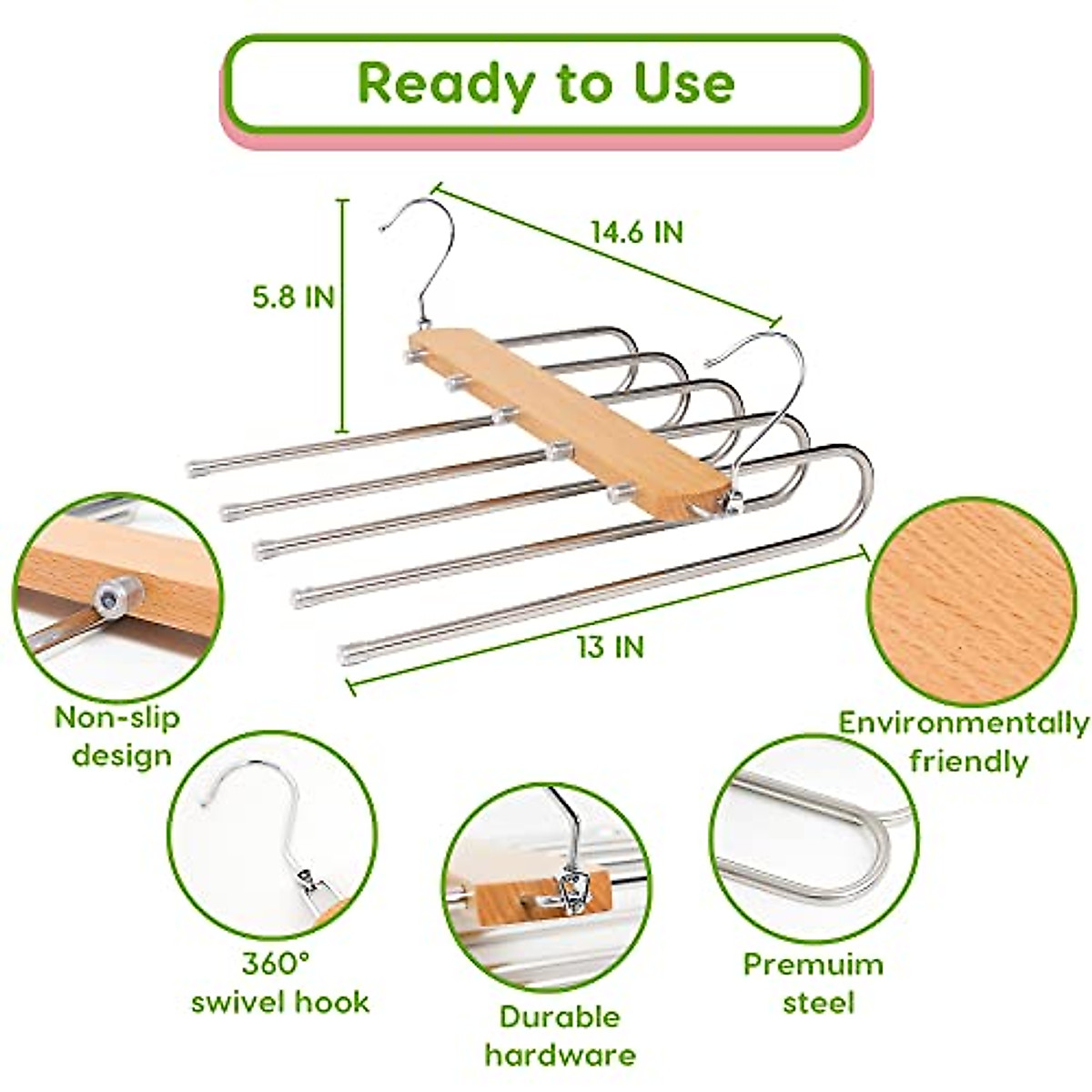 Unjumbly 2 Pack Magic Pants Hangers - Space Saving Hanging Closet Organizer for Trousers, Jeans, Leggings, Skirts, Scarves, Stainless Steel Wooden Hangers