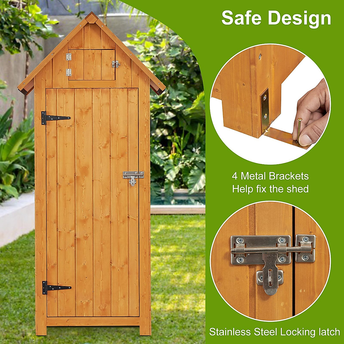 FairOnly Outdoor Shed Storage Cabinet, Garden Wooden Sheds, Outside Storage Cabinet Weather Proof with Floor, Fir Wood Tool Organizer with Door and Shelves for Backyard, Hallway (Natural)