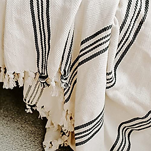 Sweet Water Decor Turkish Cotton Throw Blankets | Large Size 65 x 85 | Cream with Black Decorative Stripes | Boho, Rustic, Farmhouse | Indoor, Outdoor Cover (Henley - Four Stripes)