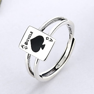 Poker Spade Ace Sterling Silver 925 Open Statement Rings for Women Girls Men Adjustable Vintage Black Spades Signet Ring Finger Band Fashion Jewelry Gifts Birthday BFF
