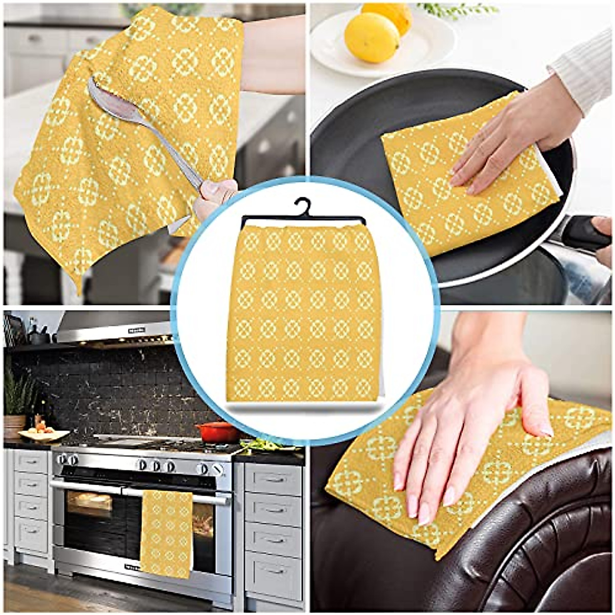 BULING Super Absorbent and Lint Free Kitchen Towels Yellow Morocco Flower Patterned 2PCS Reusable Cleaning Cloths, Soft Tea Towels, Table Cleaning Cloths, Dish Towels for Drying Dishes