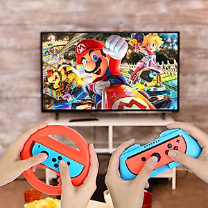 HEYSTOP Wheel Controller for Nintendo Switch & Switch OLED Model 2021 (4 Pack) Joy Con Controller Grip and Switch Steering Wheel for Mario Kart (Red&Blue)