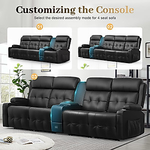 Recliner Sofa, Massage Reclining 4 Seater Sofa Sets Heavy Weight Capacity, RV Loveseat Couch Clearance with Console, USB, Type C Port, Storage, Cup Holders, Wall Hugger Chair for Living Room, Black