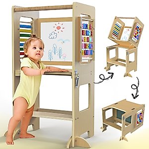 Toddler Kitchen Stool Helper, Toddler Tower, Foldable Weaning Table with Chalkboard and Plaything, Montessori Kids Foldable Step Stool and Kids Learning Standing Tower for Bathroom and Counter
