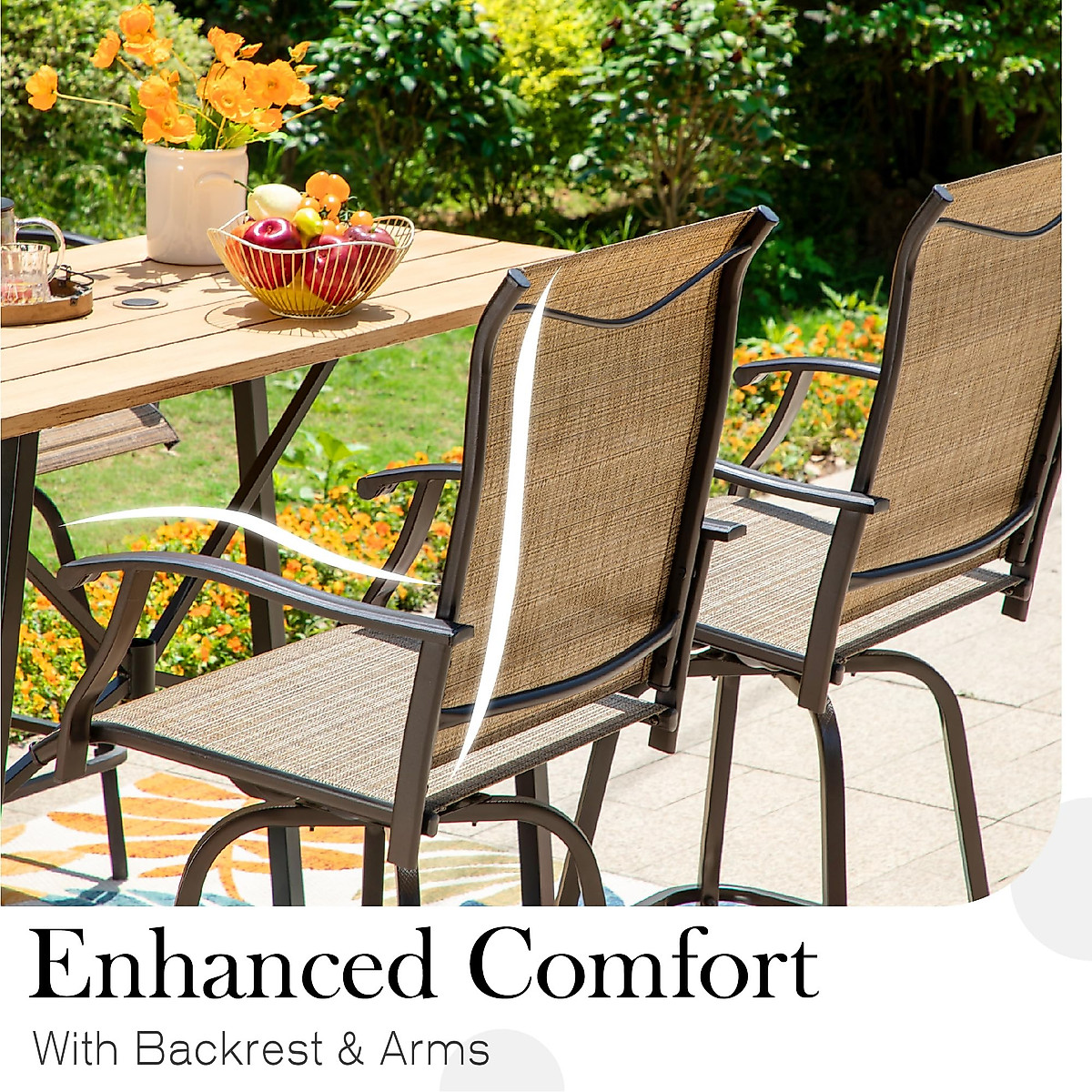 Sophia & William Outdoor Bar Set, Patio Bar Table and Chairs Set, Bar Height Patio Set - 6 x Swivel Bar Chairs(Brown), 1 x Rectangular Bar Table(Black)