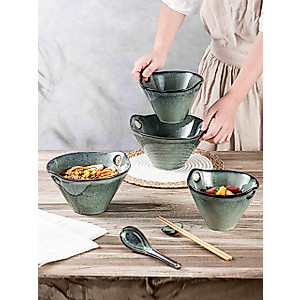 Henten Home 20 OZ Ramen Bowls Set, Ceramic Japanese Noodle Bowls Set of 2, Porcelain Deep Salad Bowl with Chopsticks for Udon, Reactive Glaze, Microwave Safe (Teal)