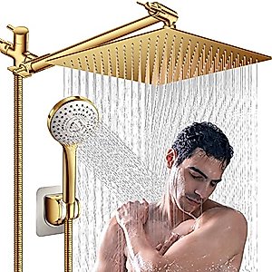 Shower Head,12'' Rain Shower Head with 11'' Adjustable Extension Arm and 5 Settings High Pressure Handheld Shower Head Combo,Powerful Shower Spray Against Low Pressure Water-Brushed Gold