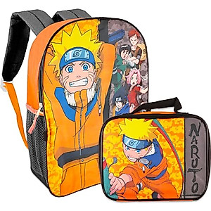 Action Comics Naruto Backpack with Lunch Box - Bundle with 16” Naruto Backpack, Naruto Lunchbox, Stickers, More | Naruto Backpack for Boys