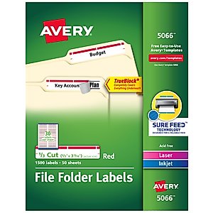 Avery TrueBlock File Folder Labels, 2/3" x 3-7/16", 1,500 Printable Labels, White/Red, Permanent (5066)