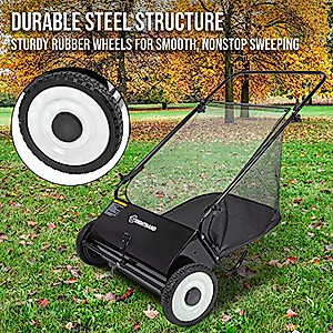 Right Hand 26-Inch Push Lawn Sweeper, Strong Rubber Wheels & Heavy Duty Durable Steel Structure Sweeps Leaf Grass & More, 7ft Mesh Collection Bag, 4 Spinning Brushes
