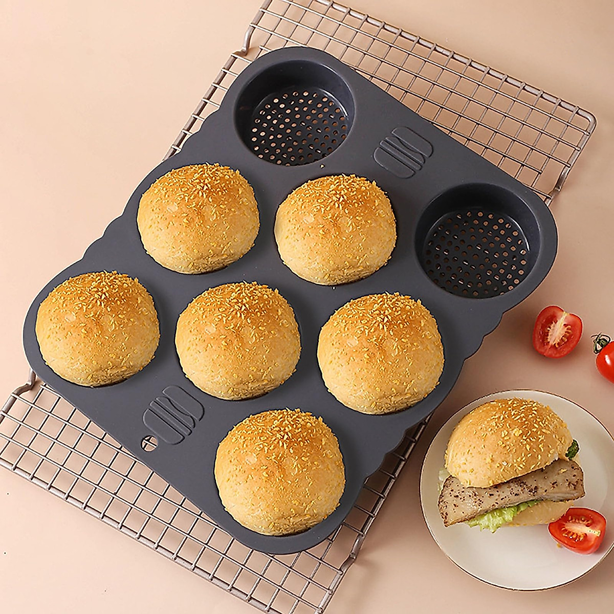 ulafbwur Bread Mold with Mesh Air Hole Design Silicone Non-stick Durable Flexible 8-compartment Hamburger Bun Pan Baking for Home Kitchen Bakery Use Grey