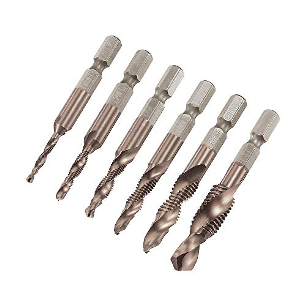 uxcell Combination Drill and Tap Bit Set M3 M4 M5 M6 M8 M10 with 1/4" Hex Shank Vacuum Titanium Coated High-Speed Steel Countersink Bit Spiral Flute Tapping Tool 6pcs