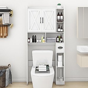 FZBYQWD Over The Toilet Storage Cabinet, Farmhouse Storage Cabinet Over Toilet with 2 Barn Door & Toilet Paper Holder Stand，Home Space-Saving Toilet Rack
