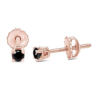 Round Cut Black Natural Diamond Screw Back Stud Earrings In 14k Solid Rose Gold (0.25 cttw)