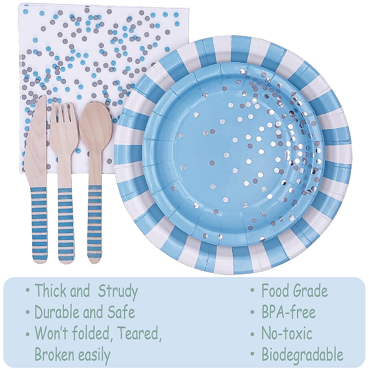 Blue Striped Birthday Party Supplies, Baby Shower Dinnerware Set, Paper Plates, Napkins, Cups and Wooden Cutlery (Serves 24, 192 Pieces), MP03
