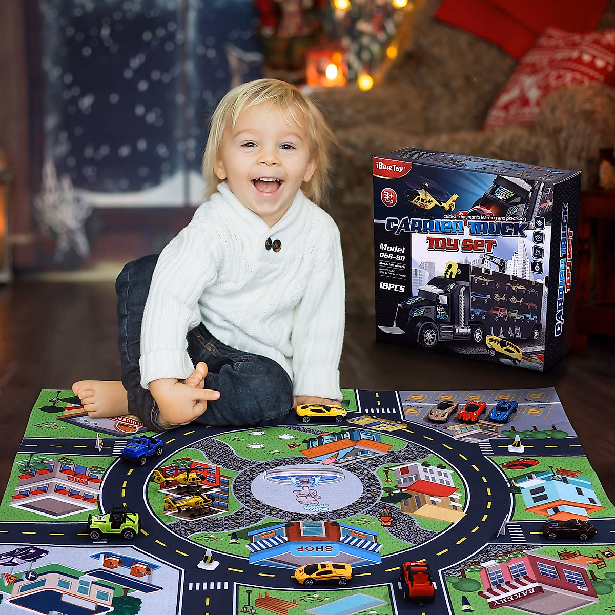 iBaseToy Toddler Toys Car for Boys: 18 Pieces Carrier Truck Transport Vehicles Toys with Carrying Case Helicopters Race Model Car Play Mat - Kids Toys Car Trucks Toy Set for Kids Boys Girls