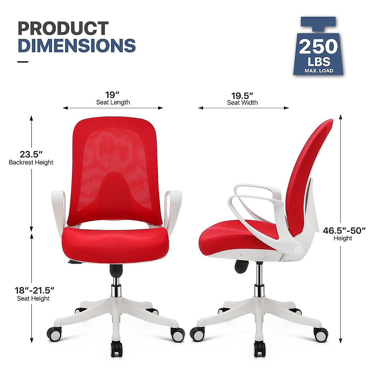 MoNiBloom Ergonomic Mesh Office Chair with Lumbar Support and Flip-up Arms, Home Office Height Adjustable Swivel Task Chair with Soft Seat and Ergonomic Backrest for Pain Back, 250 BLS, Red