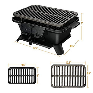 ORALNER Cast Iron Hibachi Grill, Portable Tabletop Grill with Double-Sided Grill Net, 2 Heights, Air Control & Coal Door, Small Outdoor BBQ Charcoal Grills, for Camping, Picnic