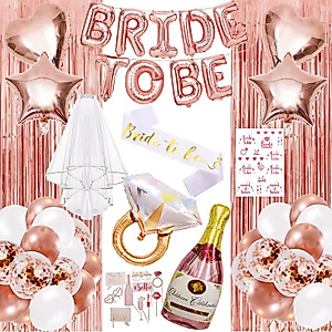 Bachelorette Party Decorations Rose Gold Bridal Shower Party Favors Kit Bride To Be Sash and Foil Balloons, Curtain, Veil, Photo Props, Temporary Tattoos, Latex Balloons