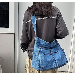 Single Color Denim Canvas Handbag Cross Body Shoulder Purse Bag Tote-Handbag with Pockets Daily Use Large Capacity for Women