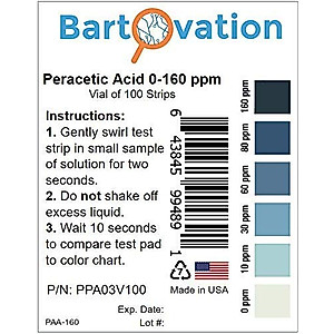 Peracetic Acid 0-160 ppm & Chlorine 0-200 ppm Test Strips [100 Strips of Each]