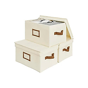 StorageWorks Decorative Storage Baskets for Shelves, Closet Storage Bins with Lids and PU Handles, Hand Wash, Canvas, Ivory White, Large, 3-Pack