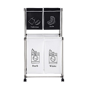 CEMKAR Laundry Basket 2-Tier Vertical Laundry Sorter with 4 Removable Bags for Laundry,with Four Wheels for Easy Movement， Small Spaces and Closets, Black and White