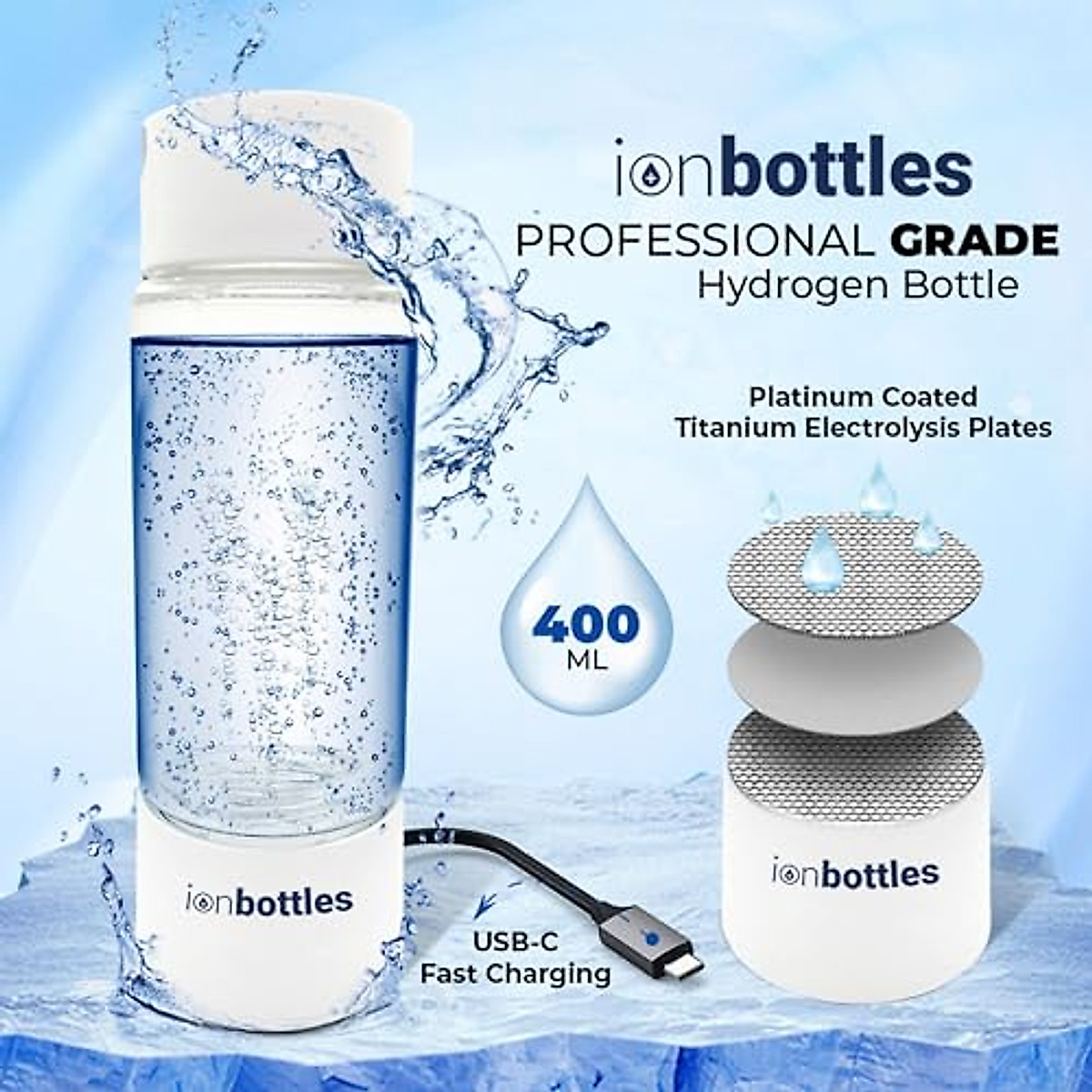 ionBottles® - Pro Model Rechargeable Portable Glass Hydrogen Water Generator Bottle up to 3000 PPB with PEM and SPE Technology Balanced Perfectly Balanced pH Water Ionizer