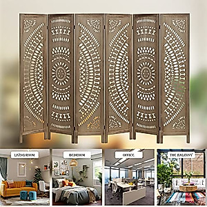 ECOMEX 6 Panel Room Divider, Folding Room Divider Freestanding Privacy Screen Divider, Carved Wood Room Divider for Bedroom Home Office Apartment Studio Hotel Restaurant Garden Terrace (Brown)