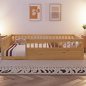 Favfurish Full Size Montessori Floor Bed, Solid Wood Playhouse Bedframe with Safety High Fence for Kids, Girls, Boys, Bedroom, Playroom, Easy Assembly & No Box Spring Needed, Natural